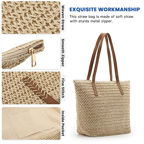 MABROUC Straw Bag, Straw Beach Bag for Women and Girls, Large Woven Summer Tote Handbag Shoulder Bag for Outdoor Vacation(Medium, beige)