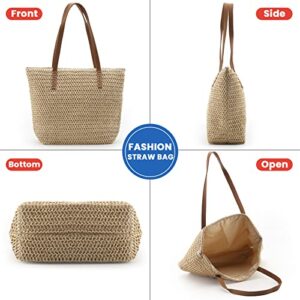 MABROUC Straw Bag, Straw Beach Bag for Women and Girls, Large Woven Summer Tote Handbag Shoulder Bag for Outdoor Vacation(Medium, beige)