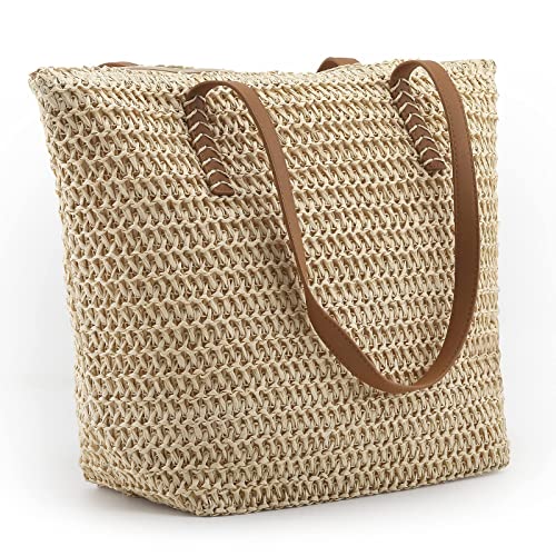 MABROUC Straw Bag, Straw Beach Bag for Women and Girls, Large Woven Summer Tote Handbag Shoulder Bag for Outdoor Vacation(Medium, beige)