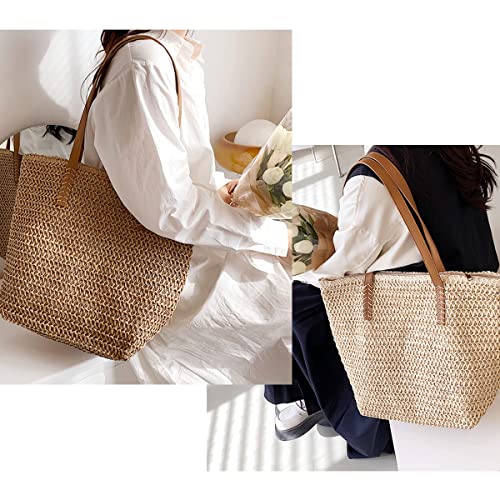 MABROUC Straw Bag, Straw Beach Bag for Women and Girls, Large Woven Summer Tote Handbag Shoulder Bag for Outdoor Vacation(Medium, beige)