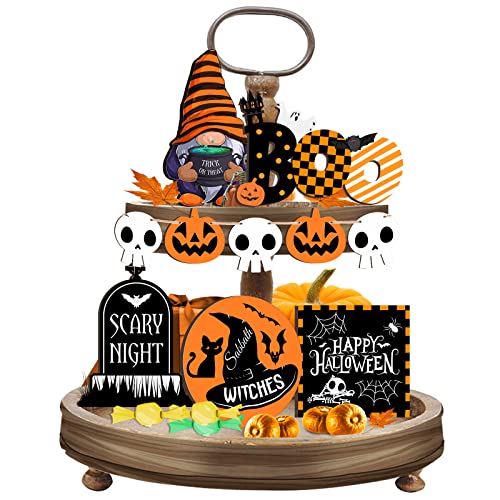 10 Pcs Halloween Tiered Tray Decorations Halloween Wooden Signs Decor with Boo Witch Hat, Cute Gnomes, Smiley Pumpkin, Haunted House Party Wooden Decor for Halloween Farmhouse Home Table Decor