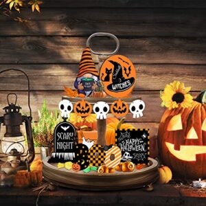 10 Pcs Halloween Tiered Tray Decorations Halloween Wooden Signs Decor with Boo Witch Hat, Cute Gnomes, Smiley Pumpkin, Haunted House Party Wooden Decor for Halloween Farmhouse Home Table Decor