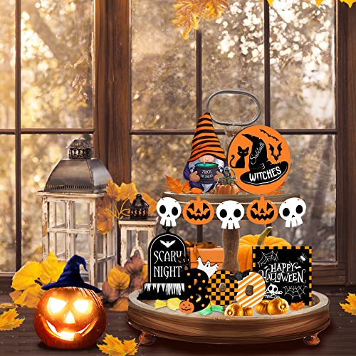 10 Pcs Halloween Tiered Tray Decorations Halloween Wooden Signs Decor with Boo Witch Hat, Cute Gnomes, Smiley Pumpkin, Haunted House Party Wooden Decor for Halloween Farmhouse Home Table Decor