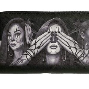 DGA Day of the Dead Lowrider See No Evil Hear No Evil Chola Women's Clutch Zippered Wallet, black