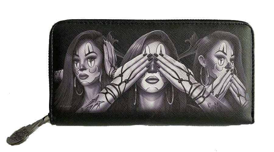 DGA Day of the Dead Lowrider See No Evil Hear No Evil Chola Women's Clutch Zippered Wallet, black