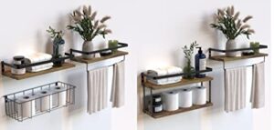 richer house floating shelves set of 6, rustic wood wall shelf with metal frame, extra storage rack for bathroom, kitchen, bedroom with tissue rack & towel bar – rustic brown