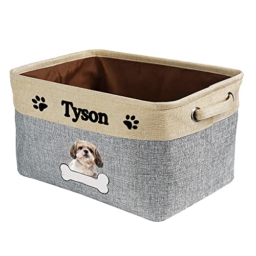 Personalized Dog Shih Tzu Bone Decorative Storage Basket Fabric Durable Rectangle Toy Box with 2 Handles for Organizing Closet Garage Clothes Blankets Grey and White