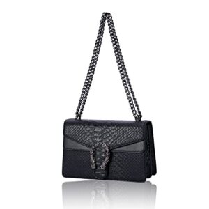 crossbody shoulder square purse for women – fashion embossed snake-print leather handbag metal chain satchel tote bag