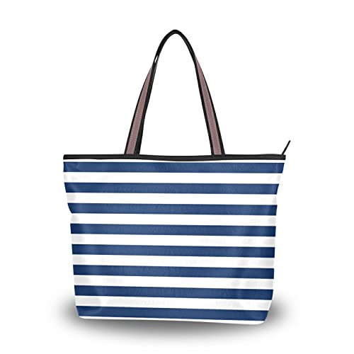 Bolaz Tote Bag with Zipper for Women Navy Blue White Striped Handbags Pockets Shoulder Bag Work Large Travel Office Business