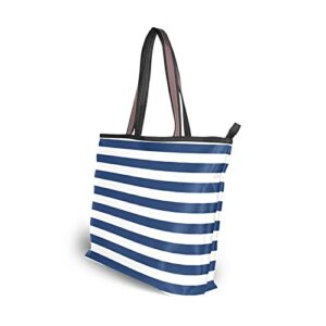 Bolaz Tote Bag with Zipper for Women Navy Blue White Striped Handbags Pockets Shoulder Bag Work Large Travel Office Business