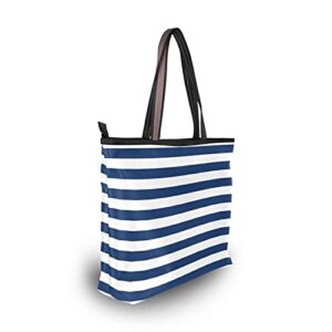 Bolaz Tote Bag with Zipper for Women Navy Blue White Striped Handbags Pockets Shoulder Bag Work Large Travel Office Business