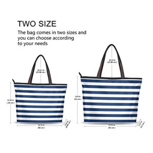 Bolaz Tote Bag with Zipper for Women Navy Blue White Striped Handbags Pockets Shoulder Bag Work Large Travel Office Business