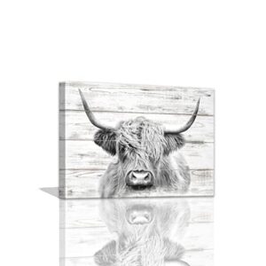 cow decor – cow pictures wall decor black and white highland cow wall art for bathroom rustic kitchen wall decor country kitchen decor home decor farmhouse bathroom picture wall decor framed 12x16inch