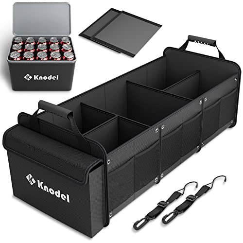 K KNODEL Extra Large Trunk Organizer With Cooler Bag, 3 Compartments Trunk Organizer for Car, Heavy Duty SUV Trunk Organizer with 2 Adjustable Securing Straps (4-in-1, Black)