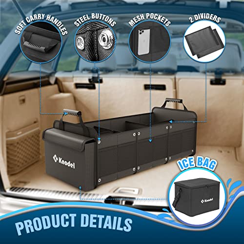 K KNODEL Extra Large Trunk Organizer With Cooler Bag, 3 Compartments Trunk Organizer for Car, Heavy Duty SUV Trunk Organizer with 2 Adjustable Securing Straps (4-in-1, Black)