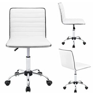 Small Task Chair for Women, Low Back Armless PU Leather Ribbed Computer Executive Cute Desk Chair with Wheels, Rolling Chair Vanity Makeup Chair Silla Para Mujer for Office Vanity Makeup Room