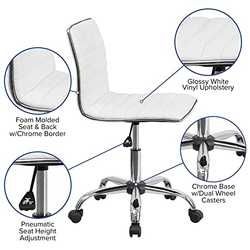 Small Task Chair for Women, Low Back Armless PU Leather Ribbed Computer Executive Cute Desk Chair with Wheels, Rolling Chair Vanity Makeup Chair Silla Para Mujer for Office Vanity Makeup Room