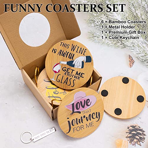 Funny Bamboo Coasters for Drink, TV Show Merchandise Gifts, Set of 6 Cute Coasters with Holder and Keychain for Fans, Friends, Additional Coffee Table Decor, Housewarming Gifts for New Home, Birthday