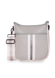 haute shore – jeri shell crossbody tote,greige coated w/white,greige,& peach stripe