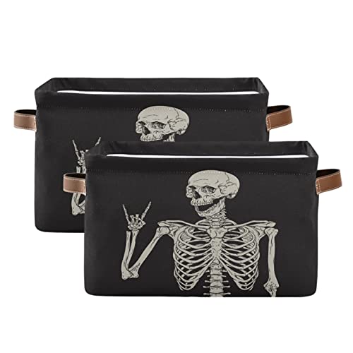 Human Skeleton Skull Storage Basket Bins, Funny Gothic Halloween Decorative Baskets Storage Box Collapsible Storage Cubes Organizer with Handles for Nursery Shelf Closet Office Home Bedroom, 2 Pack