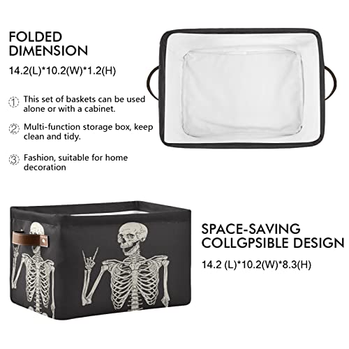 Human Skeleton Skull Storage Basket Bins, Funny Gothic Halloween Decorative Baskets Storage Box Collapsible Storage Cubes Organizer with Handles for Nursery Shelf Closet Office Home Bedroom, 2 Pack