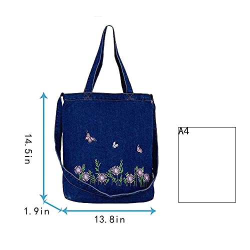 Van Caro Women Denim Purse Blue Jean Bag Fashion Tote Bag Shoulder Bag Handbag Top Handle Satchel Purse,Deep Blue Butterfly