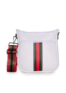 haute shore – jeri trento crossbody tote, white coated w/red, black, & green stripe