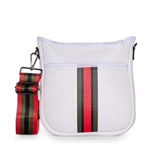 Haute Shore - Jeri Trento Crossbody Tote, White Coated W/Red, Black, & Green Stripe