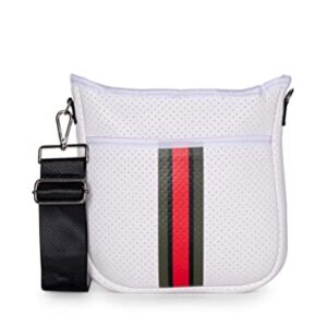 Haute Shore - Jeri Trento Crossbody Tote, White Coated W/Red, Black, & Green Stripe