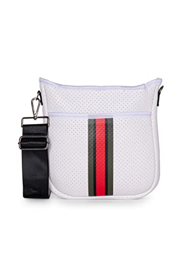 Haute Shore - Jeri Trento Crossbody Tote, White Coated W/Red, Black, & Green Stripe