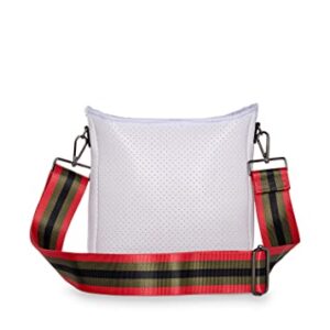 Haute Shore - Jeri Trento Crossbody Tote, White Coated W/Red, Black, & Green Stripe