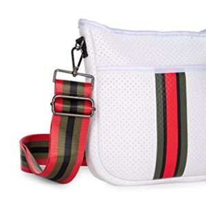 Haute Shore - Jeri Trento Crossbody Tote, White Coated W/Red, Black, & Green Stripe