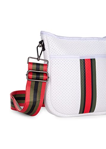 Haute Shore - Jeri Trento Crossbody Tote, White Coated W/Red, Black, & Green Stripe