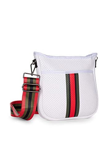 Haute Shore - Jeri Trento Crossbody Tote, White Coated W/Red, Black, & Green Stripe