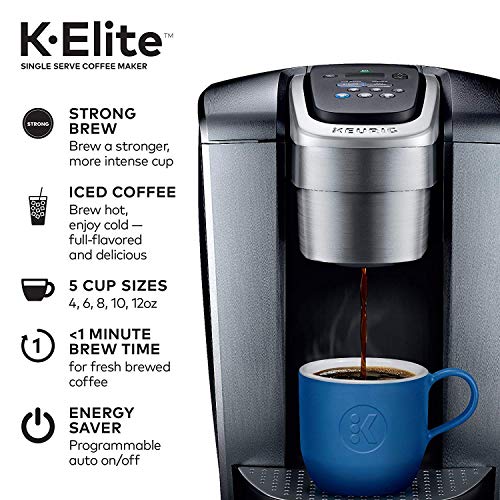 Keurig C K-Elite Maker, Single Serve K-Cup Pod Brewer, With Iced Coffee Capability, Brushed Silver Plus Extra Filter Included, 75oz