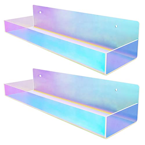 TLBTEK 2 Pcs 15 inch Iridescent Rainbow Floating Shelves,Acrylic Irridescent Floating Shelves Wall Mounted Storage for Bathroom, Bedroom, Living Room, Kitchen (Without Edge)