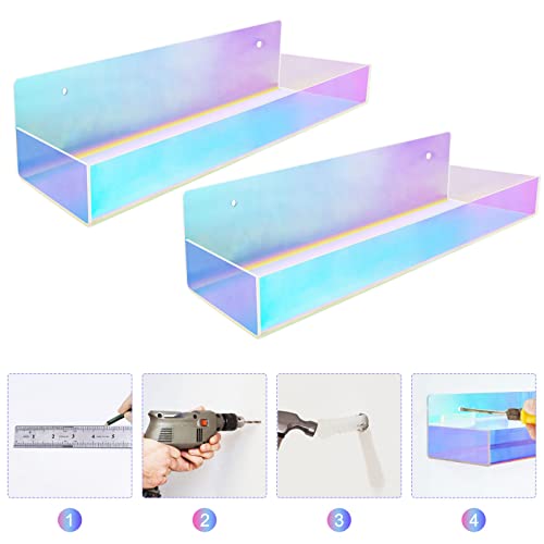 TLBTEK 2 Pcs 15 inch Iridescent Rainbow Floating Shelves,Acrylic Irridescent Floating Shelves Wall Mounted Storage for Bathroom, Bedroom, Living Room, Kitchen (Without Edge)