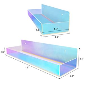 TLBTEK 2 Pcs 15 inch Iridescent Rainbow Floating Shelves,Acrylic Irridescent Floating Shelves Wall Mounted Storage for Bathroom, Bedroom, Living Room, Kitchen (Without Edge)