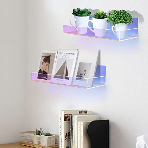 TLBTEK 2 Pcs 15 inch Iridescent Rainbow Floating Shelves,Acrylic Irridescent Floating Shelves Wall Mounted Storage for Bathroom, Bedroom, Living Room, Kitchen (Without Edge)