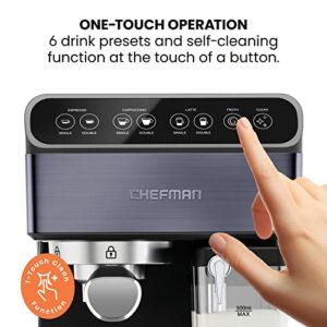 Chefman 6-in-1 Espresso Machine with Steamer, Automatic One-Touch Coffee Maker, Single or Double Shot Cappuccino Machine, Latte Maker, Espresso Maker with Milk Frother, Black