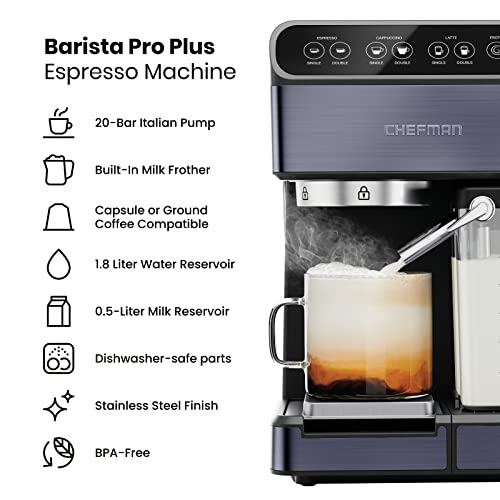 Chefman 6-in-1 Espresso Machine with Steamer, Automatic One-Touch Coffee Maker, Single or Double Shot Cappuccino Machine, Latte Maker, Espresso Maker with Milk Frother, Black