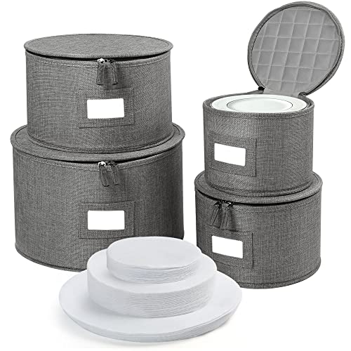 LotFancy China Storage Containers, Hard Shell, 4PCS Set, Dish Storage Box for Moving, Stackable Dinnerware Plate Organizer Bins with 48 Felt Dividers, Grey