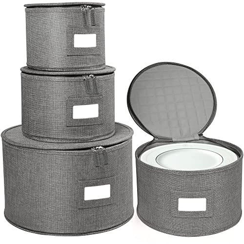 LotFancy China Storage Containers, Hard Shell, 4PCS Set, Dish Storage Box for Moving, Stackable Dinnerware Plate Organizer Bins with 48 Felt Dividers, Grey