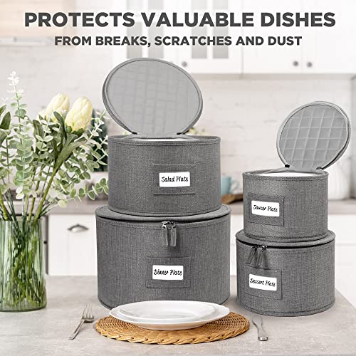 LotFancy China Storage Containers, Hard Shell, 4PCS Set, Dish Storage Box for Moving, Stackable Dinnerware Plate Organizer Bins with 48 Felt Dividers, Grey