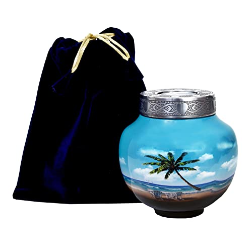 hlc Beach Urn Blue Palm Tree Design Cremation Urns for Human Ashes Medium Funeral Urn - Modern Beautiful Memorial Urn 6 x 5