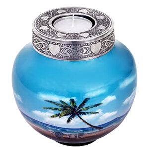 hlc Beach Urn Blue Palm Tree Design Cremation Urns for Human Ashes Medium Funeral Urn - Modern Beautiful Memorial Urn 6 x 5