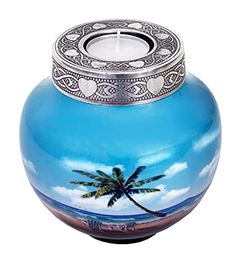 hlc Beach Urn Blue Palm Tree Design Cremation Urns for Human Ashes Medium Funeral Urn - Modern Beautiful Memorial Urn 6 x 5