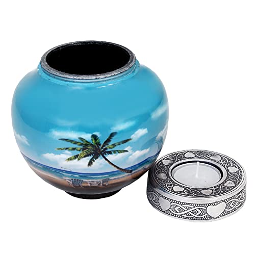 hlc Beach Urn Blue Palm Tree Design Cremation Urns for Human Ashes Medium Funeral Urn - Modern Beautiful Memorial Urn 6 x 5