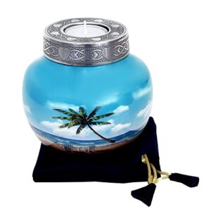 hlc Beach Urn Blue Palm Tree Design Cremation Urns for Human Ashes Medium Funeral Urn - Modern Beautiful Memorial Urn 6 x 5