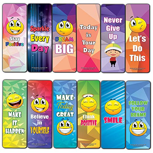 Creanoso Positive Sayings Emoji Bookmarker Cards (60-Pack) – Premium Gift Set – Awesome Bookmarks for Boys, Girls, Children – Six Bulk Assorted Bookmarks Designs – School Incentives – Wall Decal